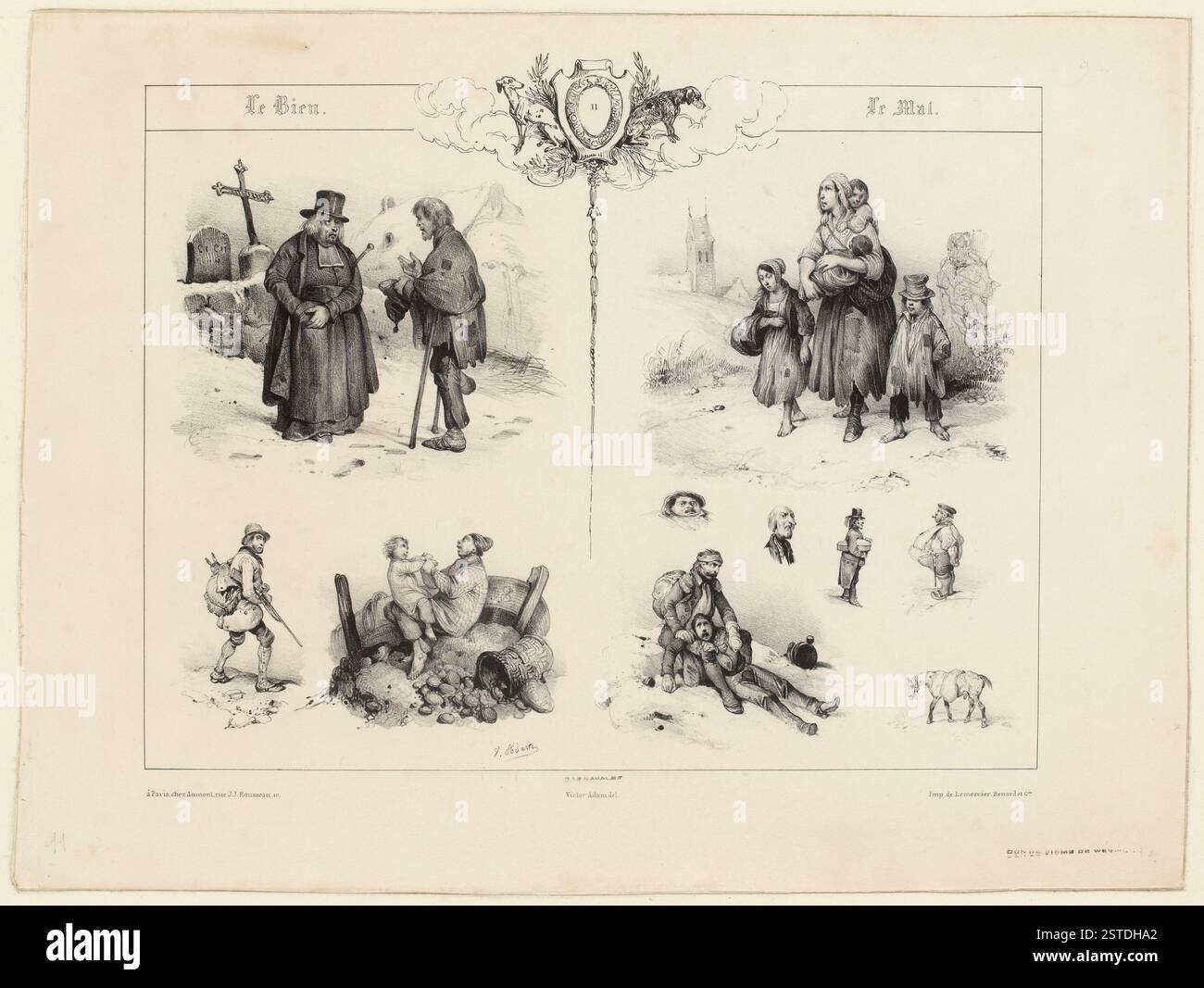 On the left, an ecclesiastical scene with a priest giving alms to a ...