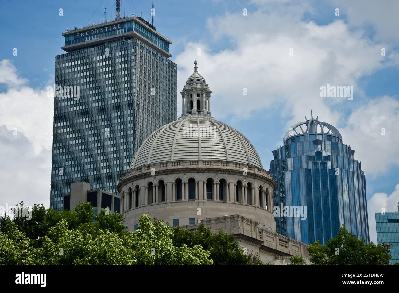 Boston skyline. Prudential Tower dominates with its sleek glass facade ...