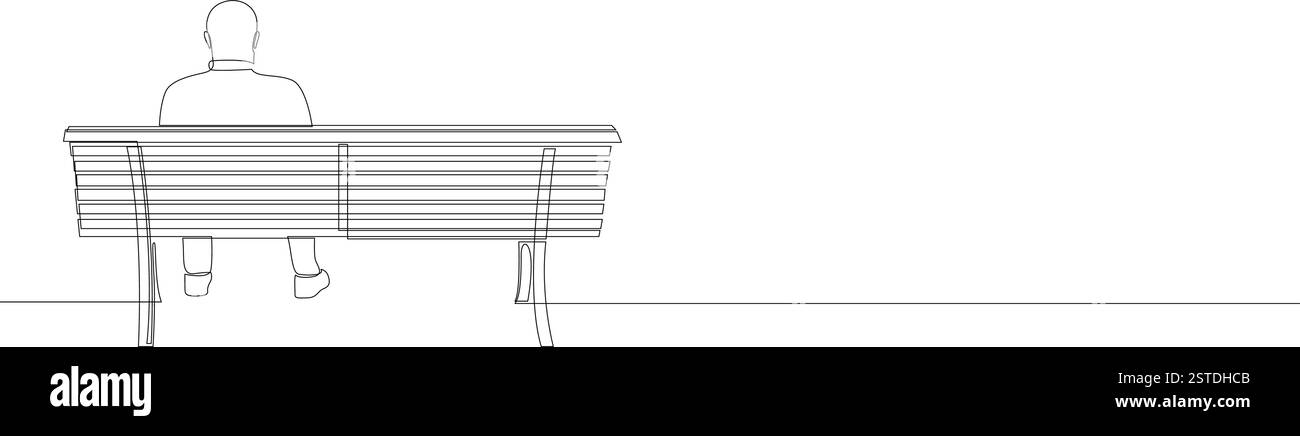 Man sitting alone on bench continuous line drawing, back view. One line ...