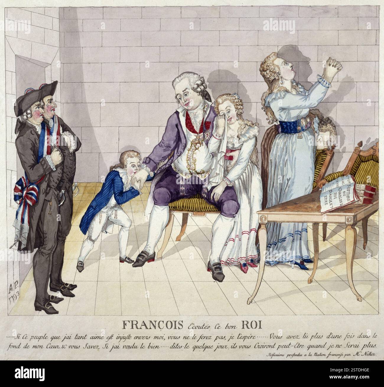 hand coloured engraving of King Louis XVI of France in prison with his ...