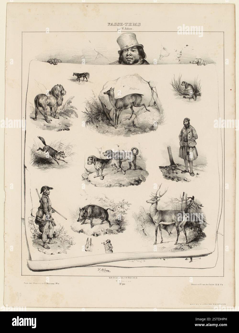 A man oversees a poster showing twelve vignettes of various animals and ...