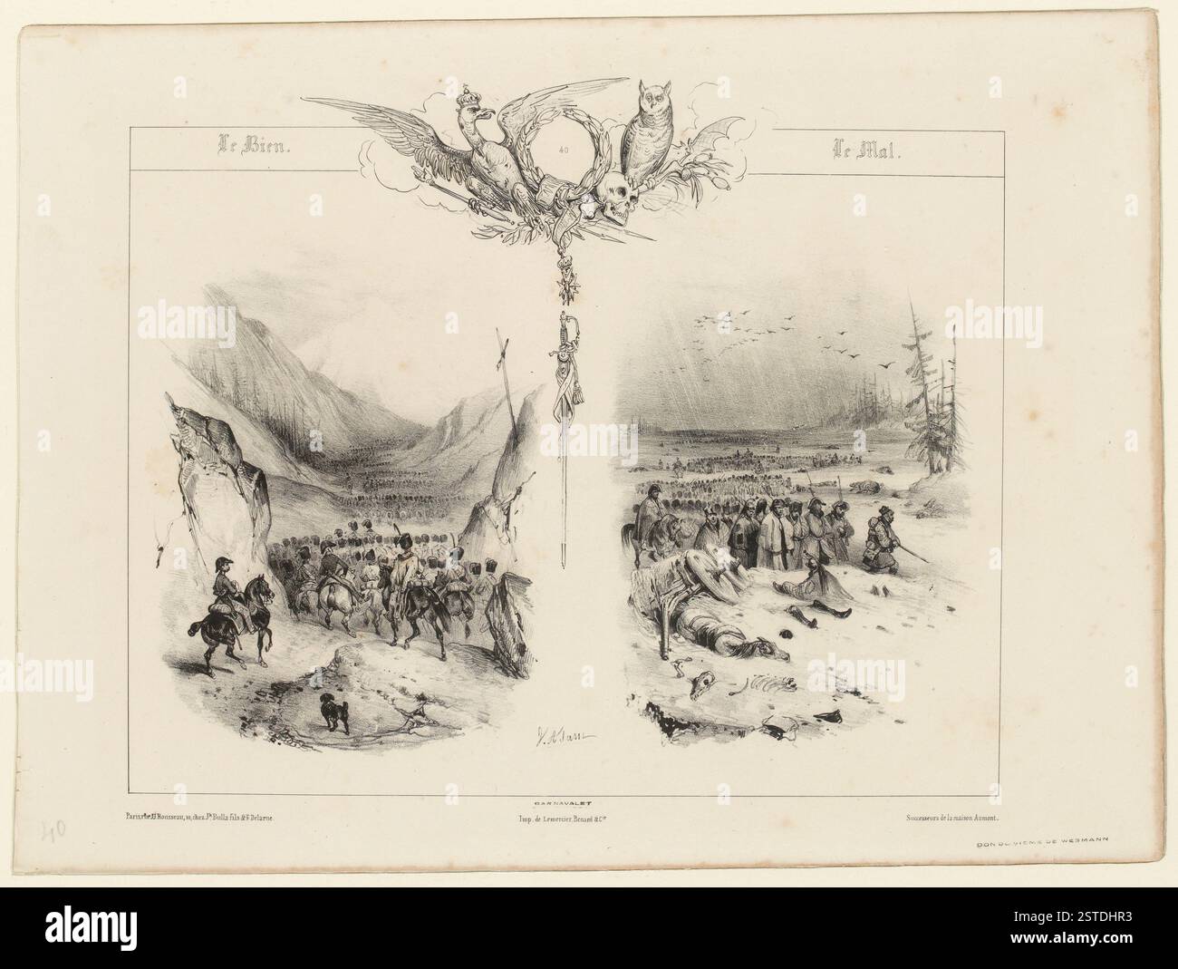 On the left, a military parade through mountains, while on the right ...