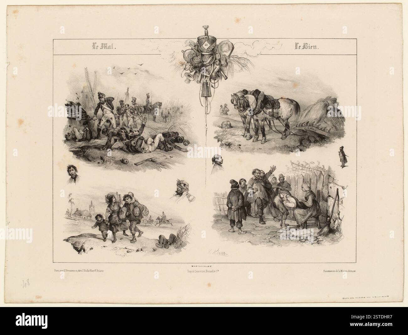 On the left, a battle scene with injured soldiers and a family fleeing ...