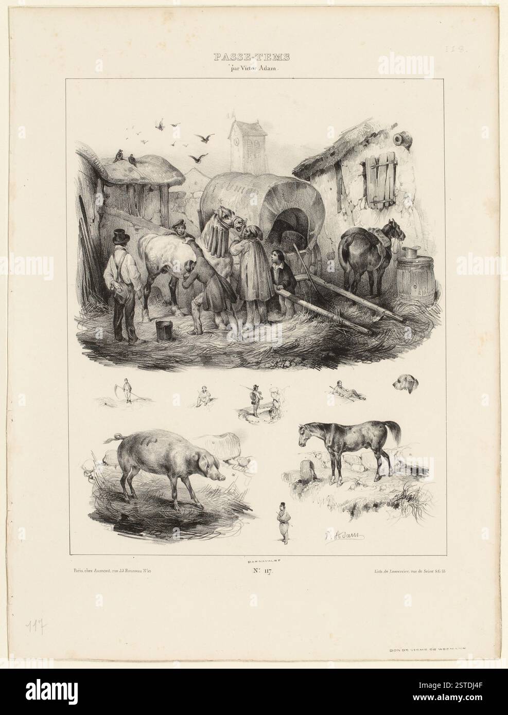 Nine vignettes depicting a veterinarian in the courtyard of a farm ...