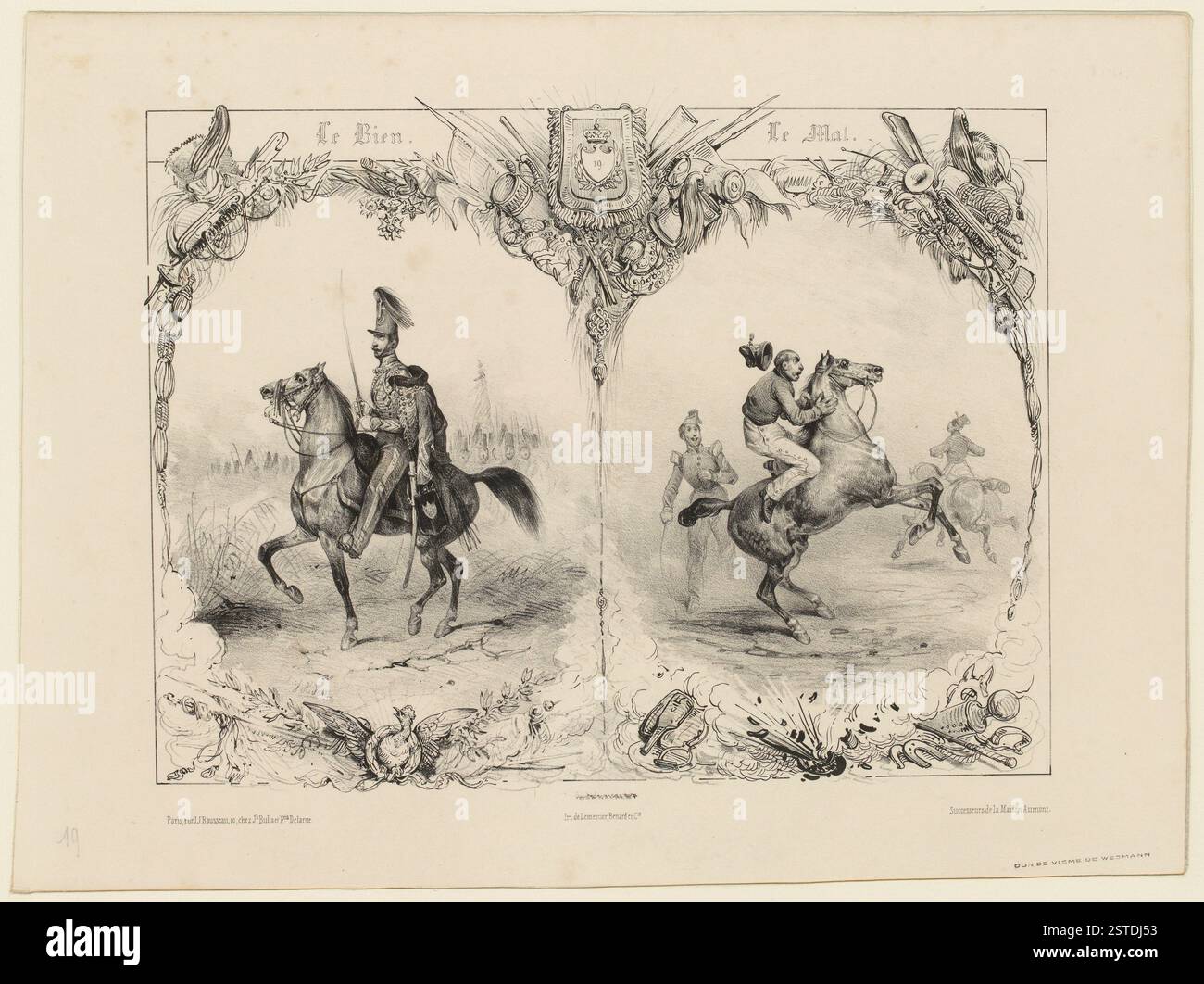 On the left, a good officer on horseback leads his troops, with a ...