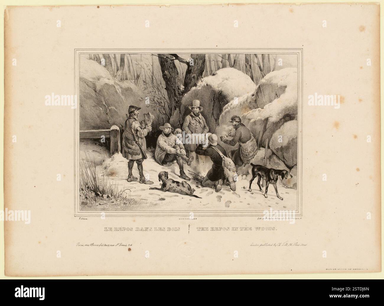 Hunting scene with five men around a twig fire, wearing hats, gibones ...