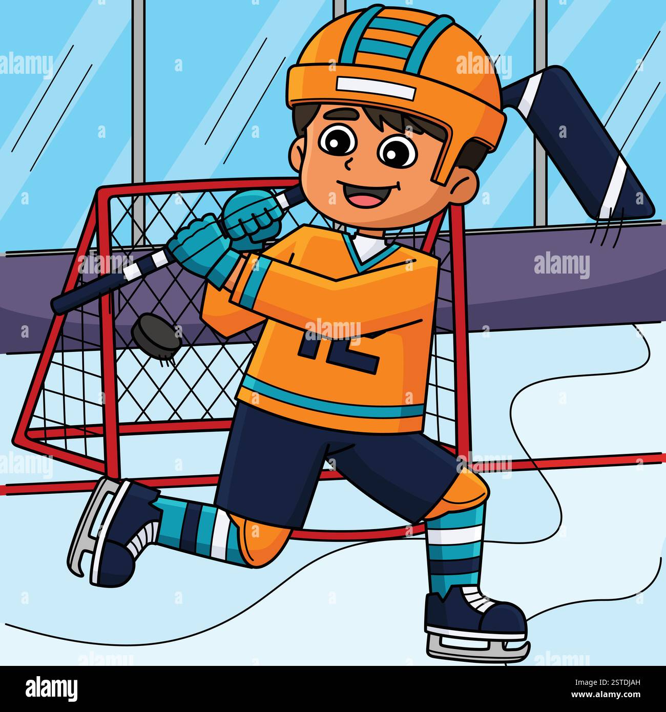 Ice Hockey Boy Player Making Goal Colored Cartoon Stock Vector Image ...