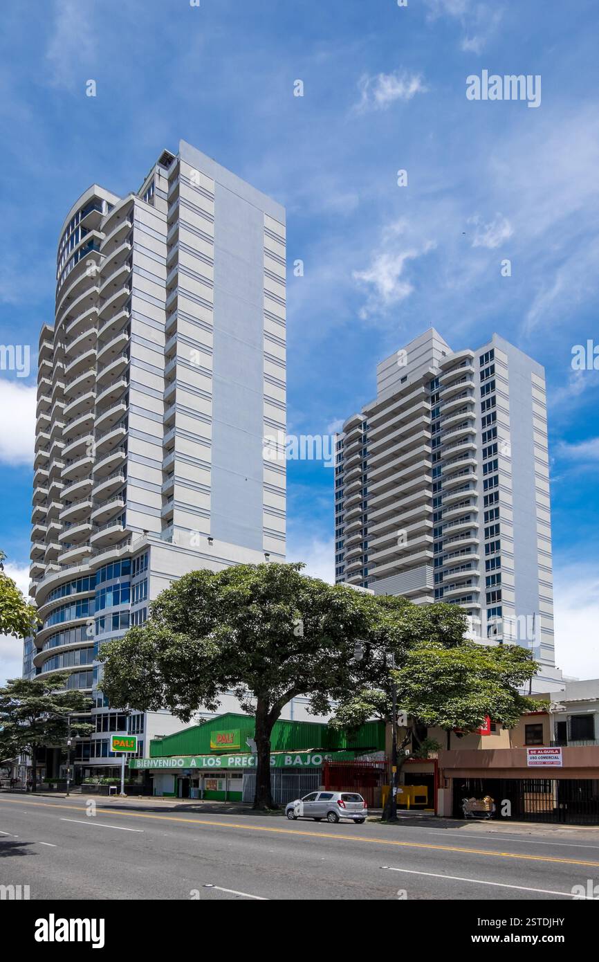 Colon Towers on the avenue in the modern center of San José, capital of ...