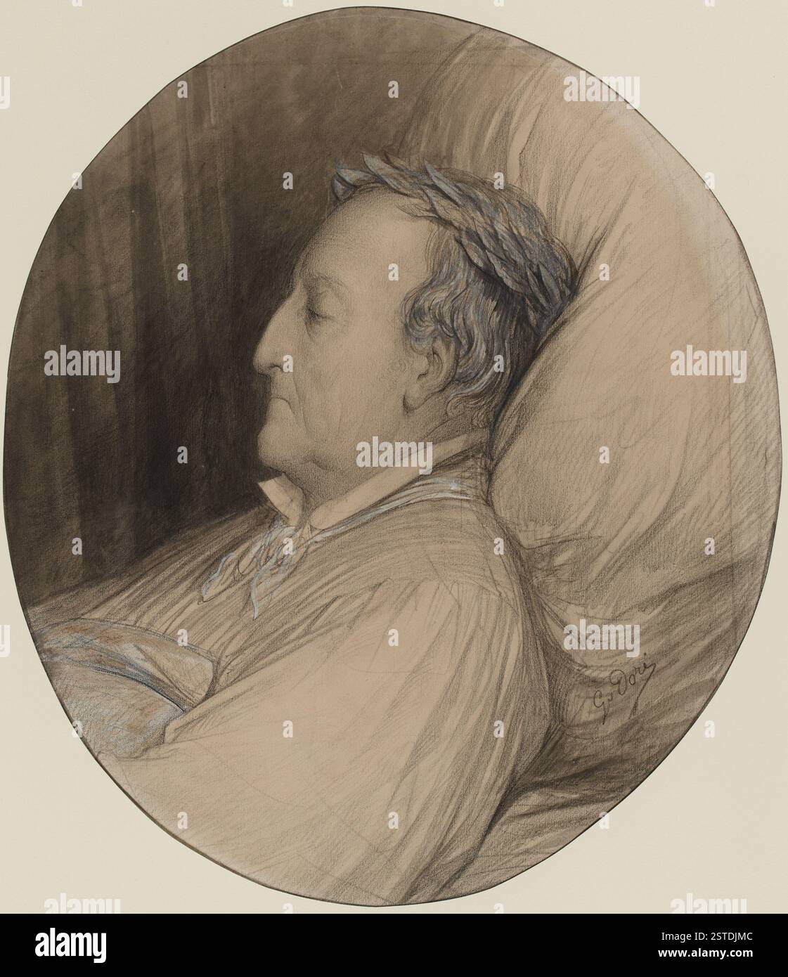 A portrait of composer Rossini (1792-1868) on his deathbed, depicted in ...