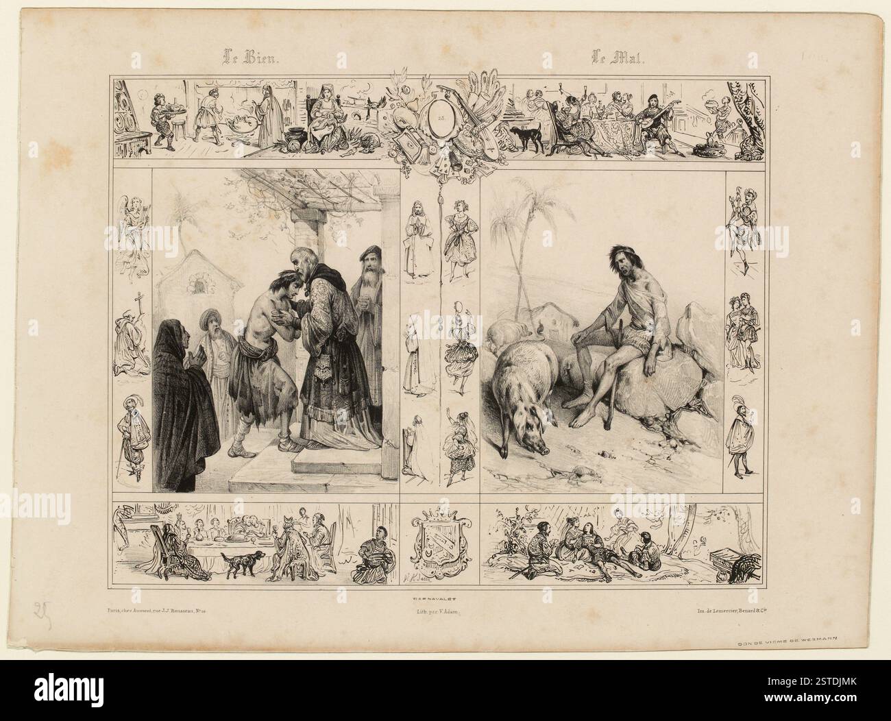 On the left, the biblical scene of the return of the prodigal child ...