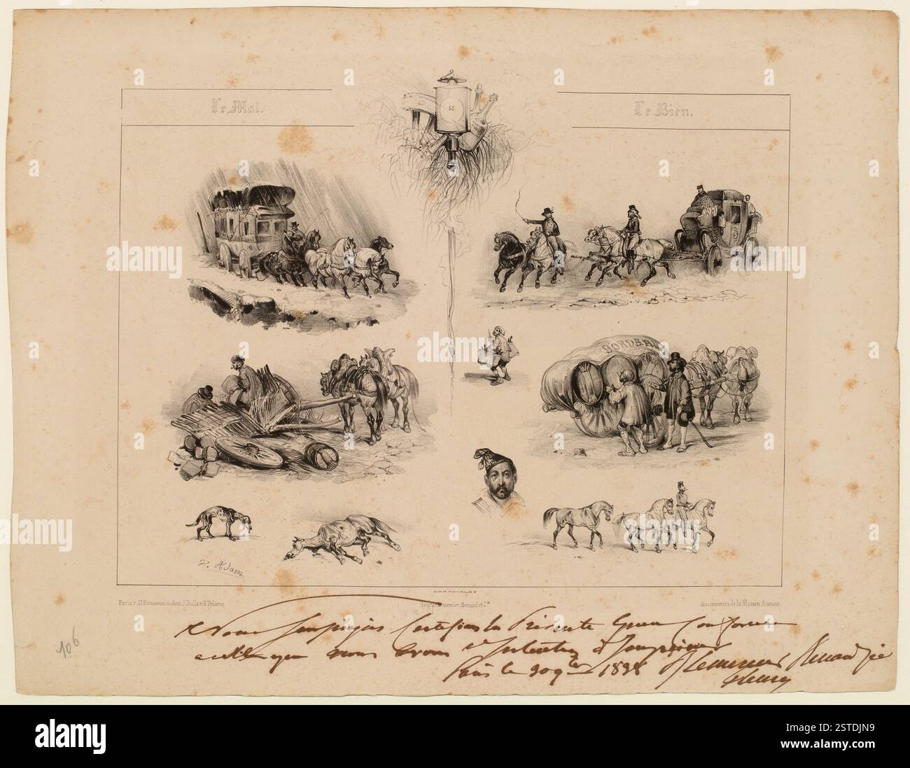 On the left, evil scenes with a winter accident, diligence pulled by ...