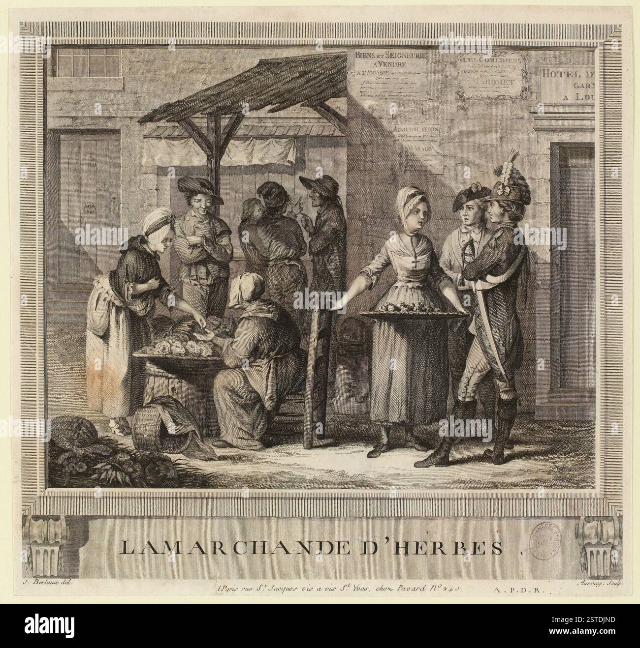 Street scene showing a herb merchant with small groups of people ...