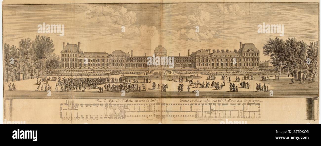 A view of the Tuileries Gardens with characters depicted interacting ...