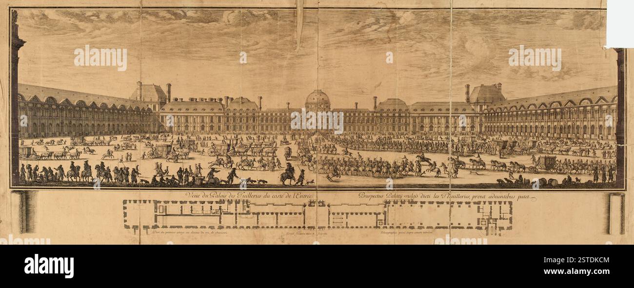A view of the entrance to the Tuileries Gardens with characters, a ...
