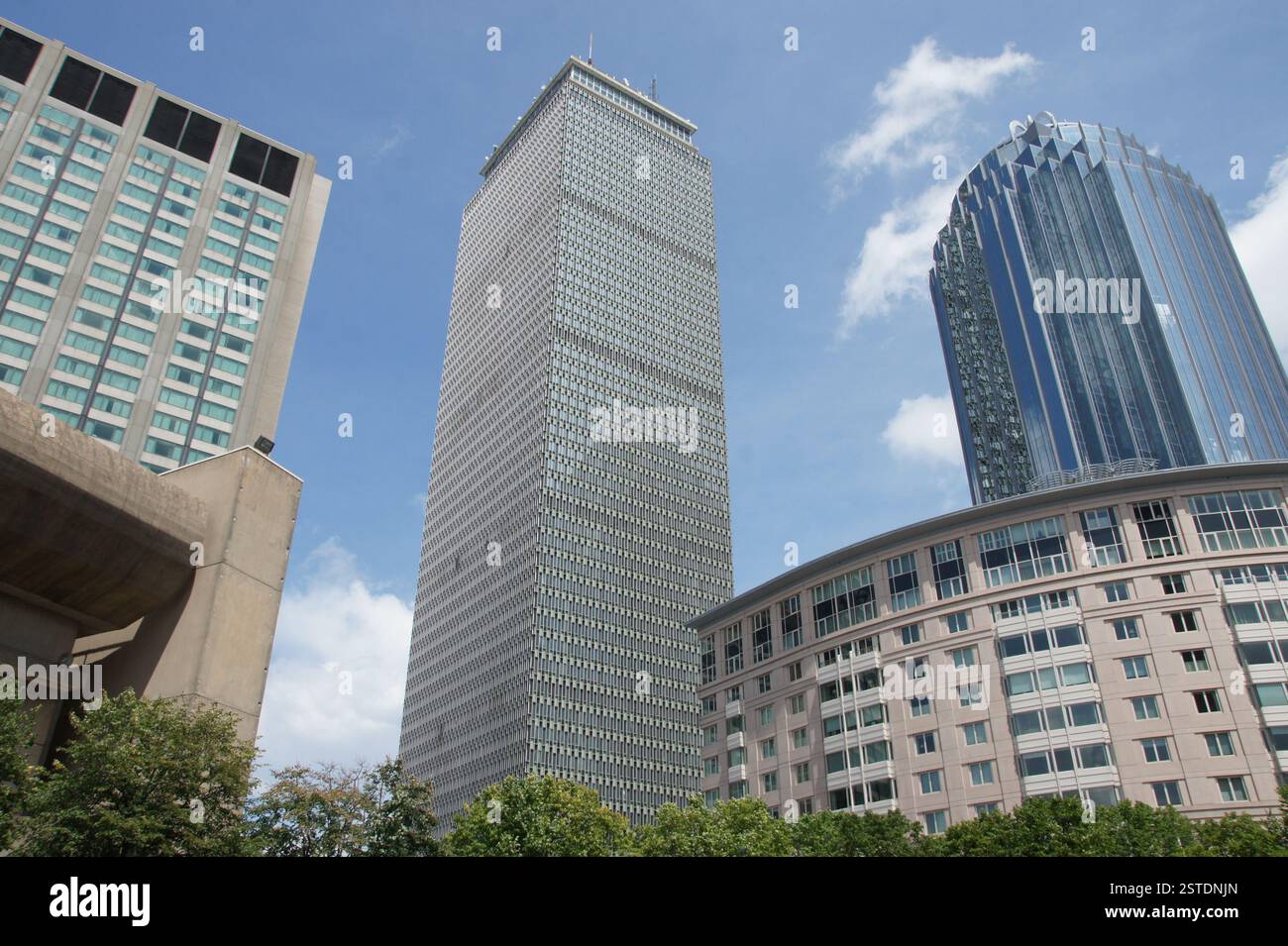 Prudential Center, a towering skyscraper, dominates the Boston skyline ...
