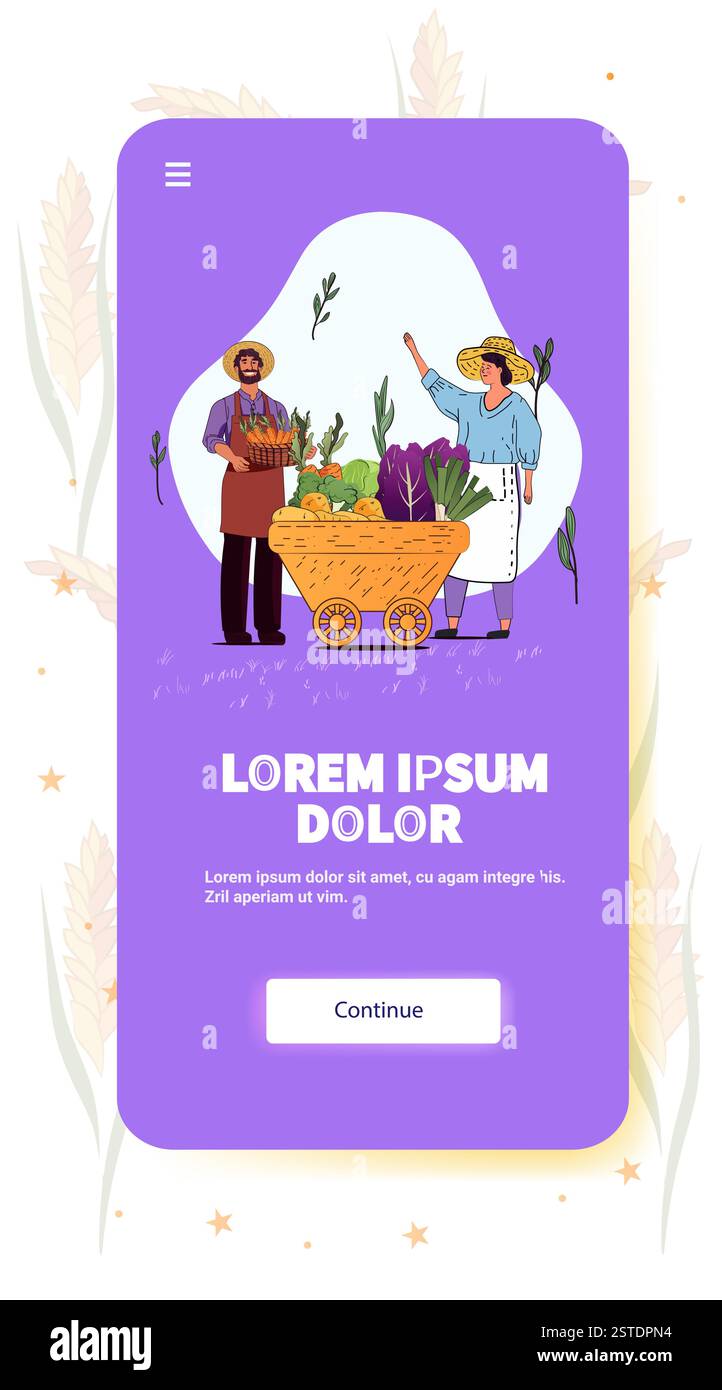 Farmers with vegetable cart surrounded by plants colorful design with ...
