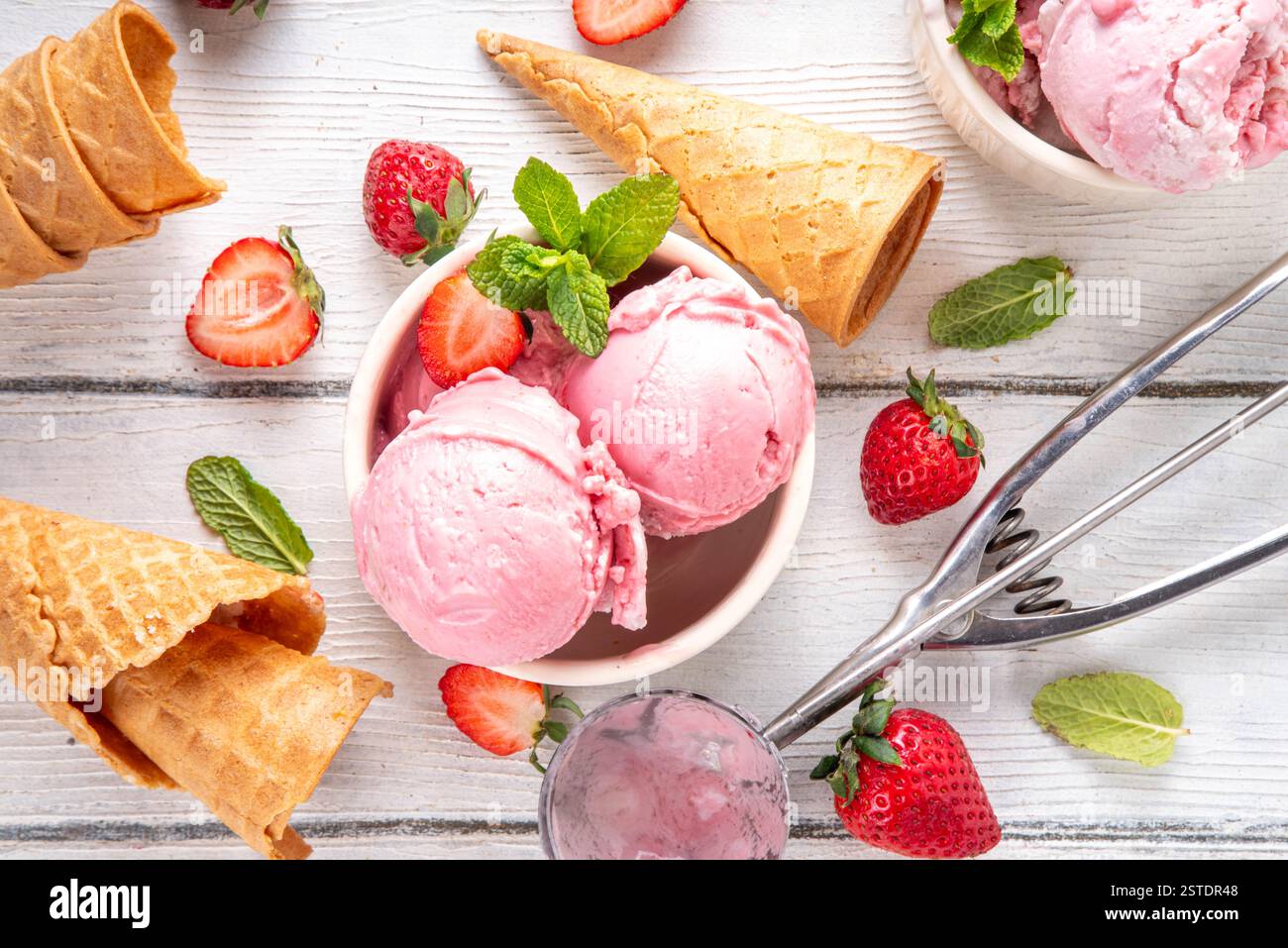 Summer refreshing cold dessert, tasty and aromatic strawberry ice cream ...