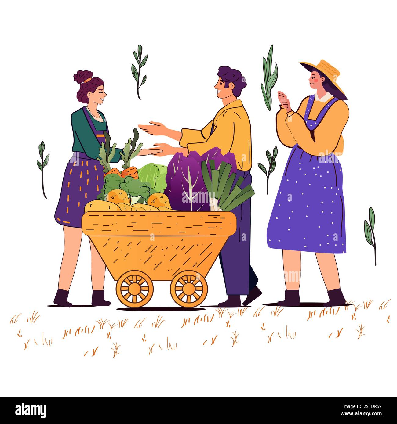 Farmers market vegetables people exchanging fresh produce cart leafy ...