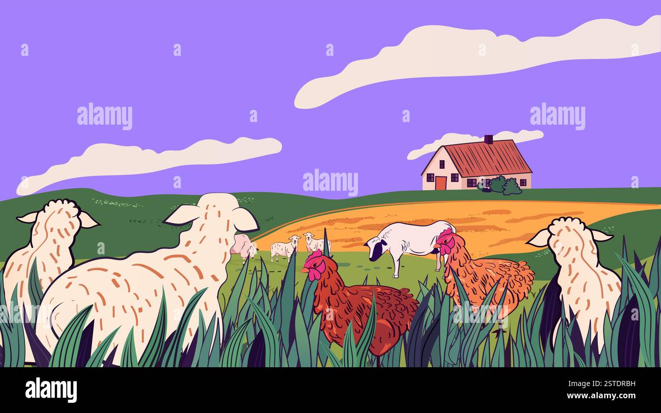 Farm animals grazing idyllic countryside landscape with sheep chickens ...