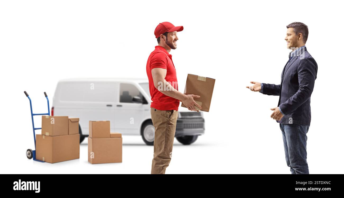 Delivery guy handing a parcel to a man isolated on white background ...
