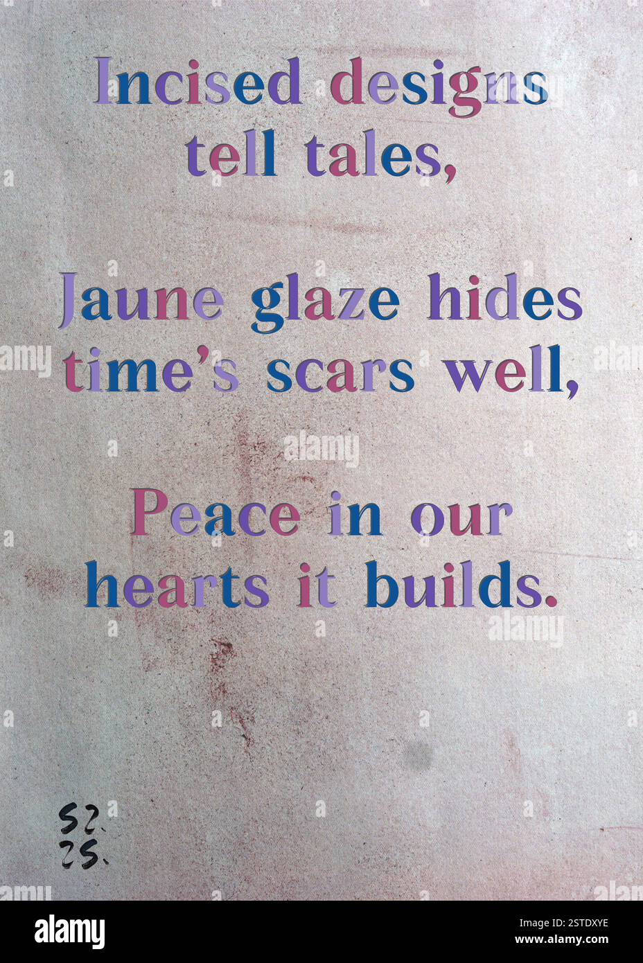 Incised designs tell tales, Jaune glaze hides time's scars well, Peace ...