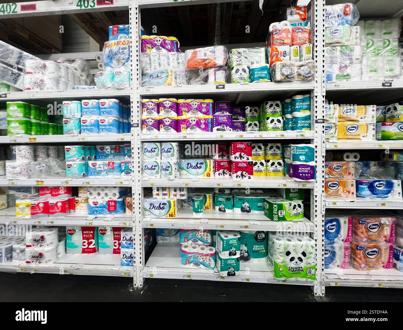 Lviv, Ukraine - February 16, 2025: Multiple brands of packaged toilet ...