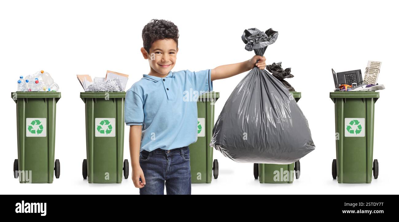 Kid with recycling bins for waste materials isolated on white ...