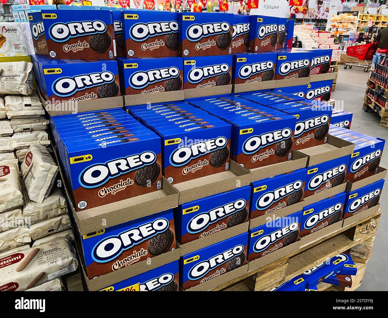 Lviv, Ukraine - February 16, 2025: Rows of Oreo chocolate flavor packs ...