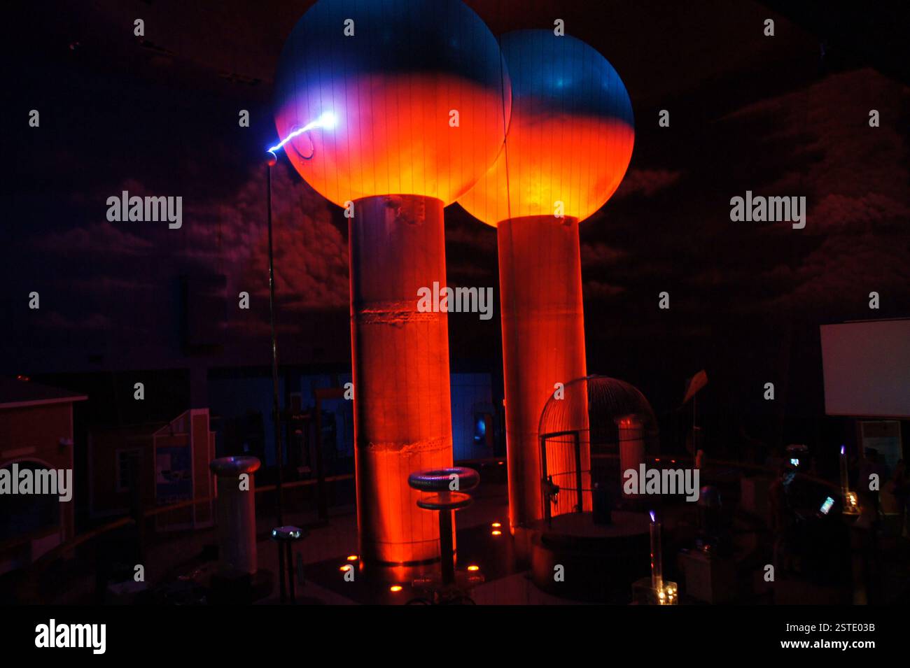 Tesla Coil. Sparks crackling between giant spheres. Electricity ...