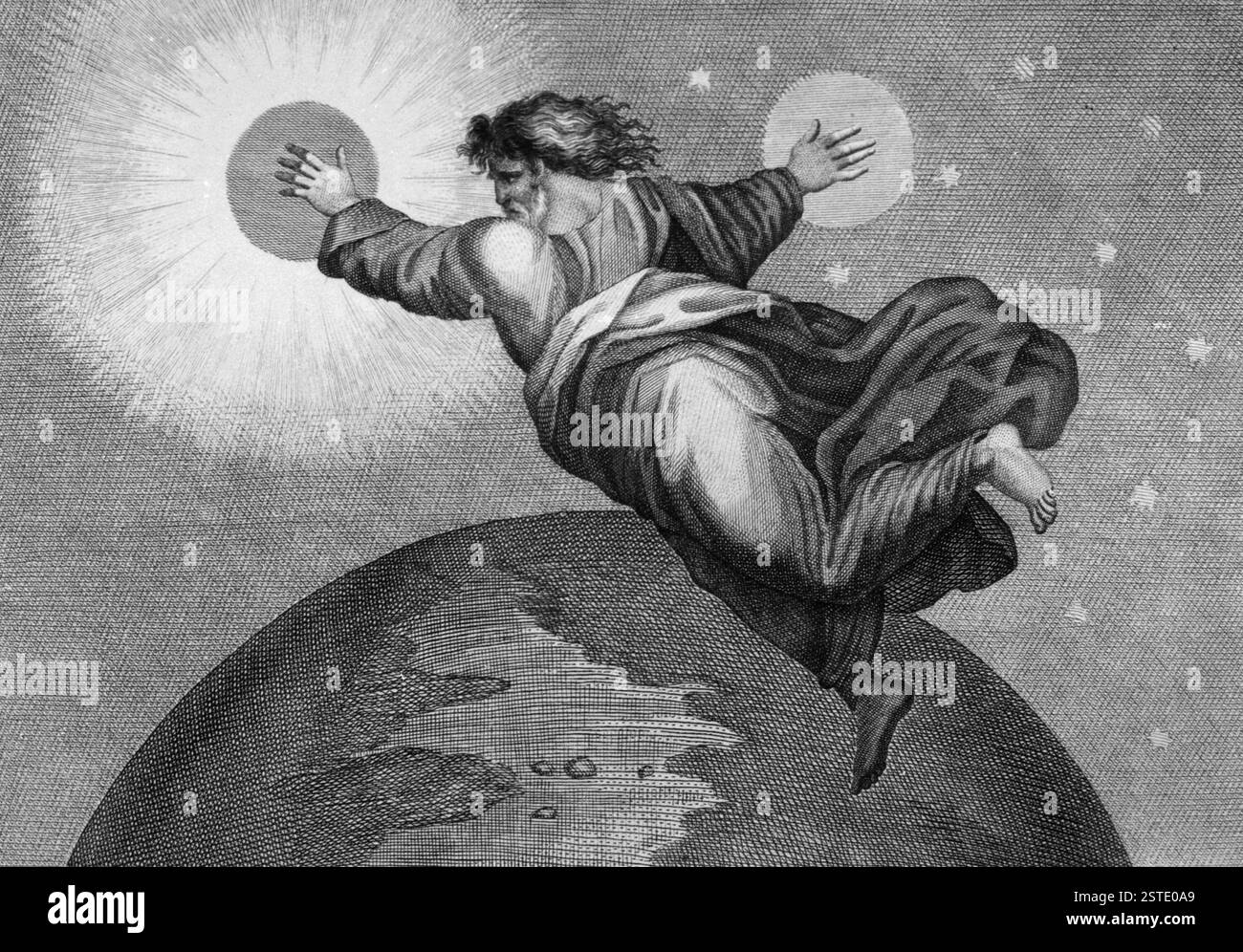 God creates the Sun, the Moon and the Stars, illustration 19th century ...