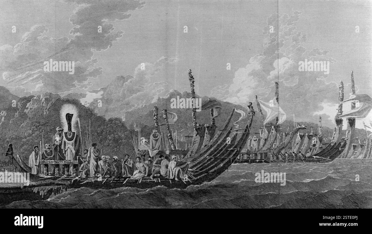 The fleet of Otaheite assembled at Oparee, engraving from Captain Cook ...