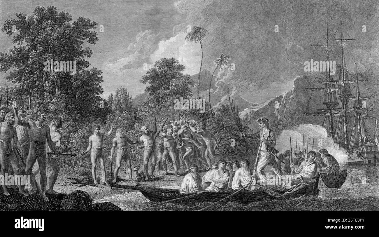 The Landing at Tanna, one of the new Hebrides, engraving from Captain ...
