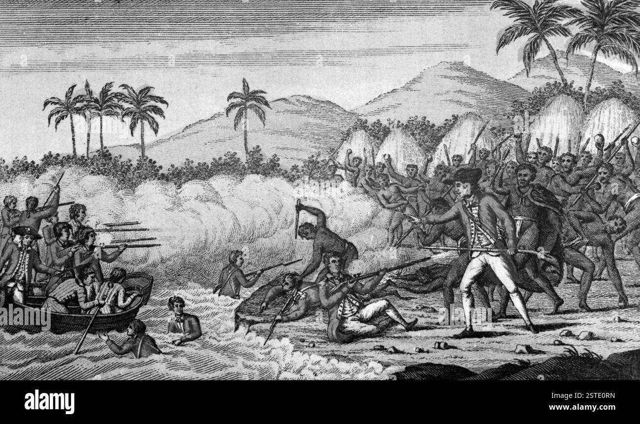 The death of Captain Cook, engraving from Captain Cook voyages, Italy ...