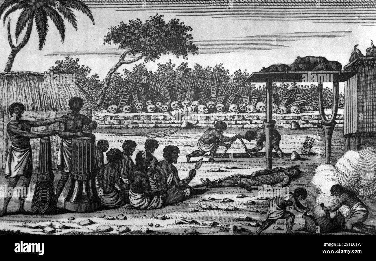 Human sacrifice in a cemetery in Tahiti, engraving from Captain Cook ...
