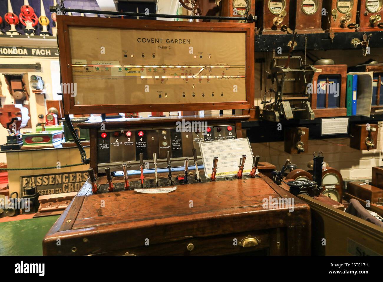 A lever frame on display inside the Kidderminster Railway Museum ...