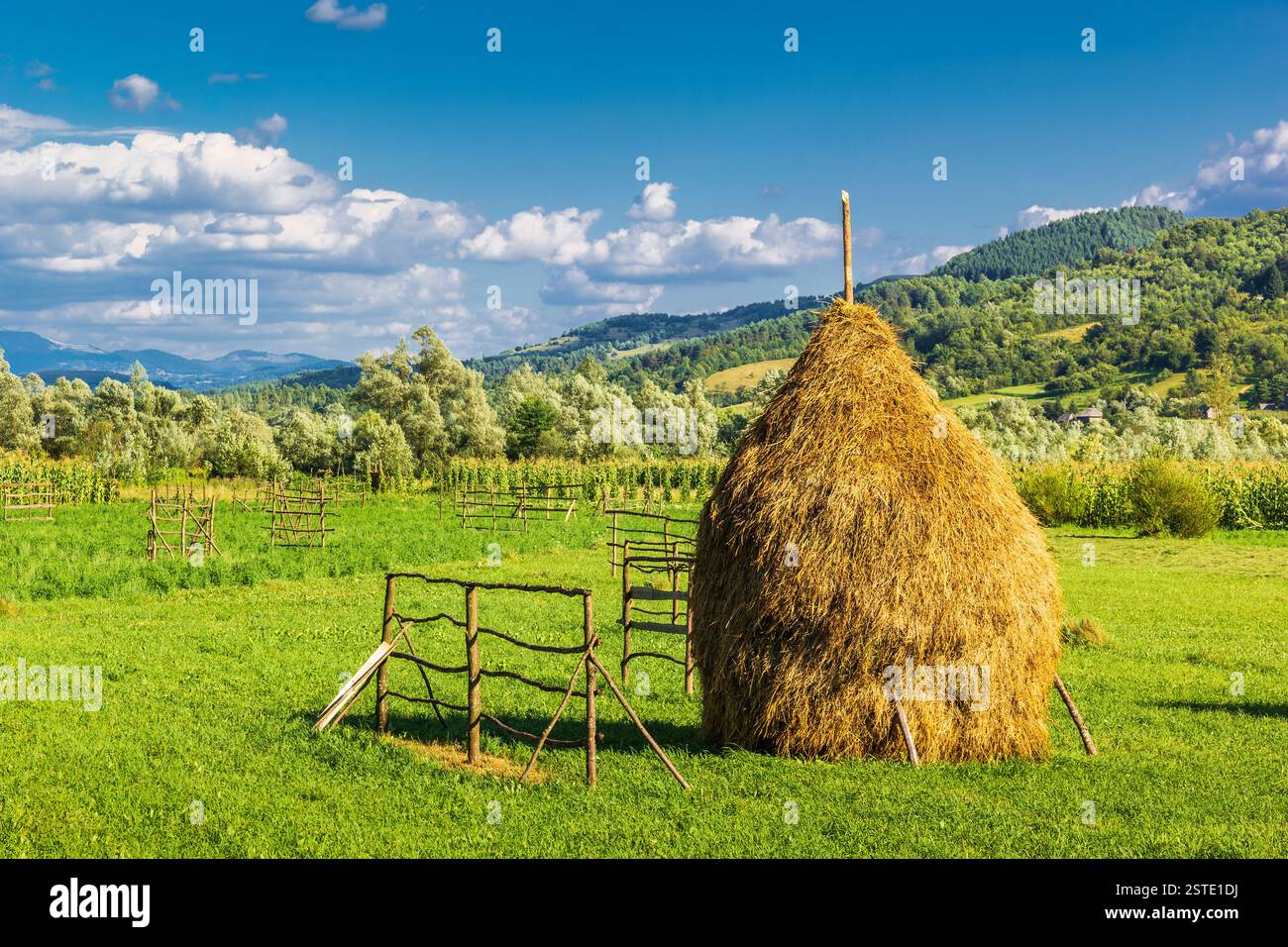 Romanian countryside. Rural romanian landscape, a haystack, green field ...