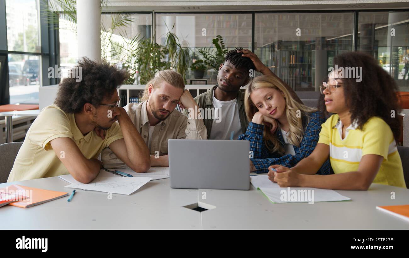 Tired exhausted stressed boring diversity five multiethnic students ...