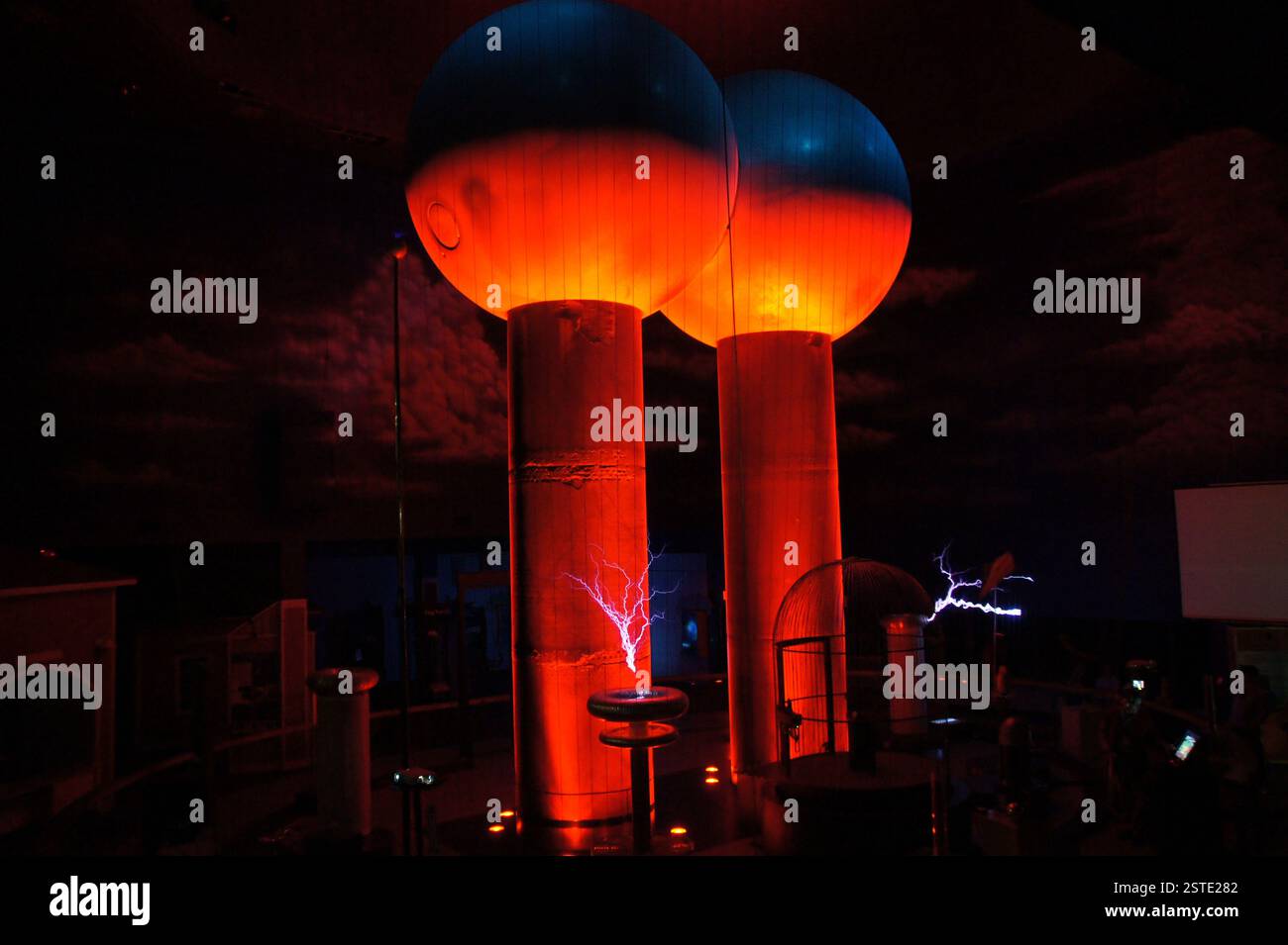 Tesla Coil, Boston. Sparks crackling between giant spheres. Electricity ...