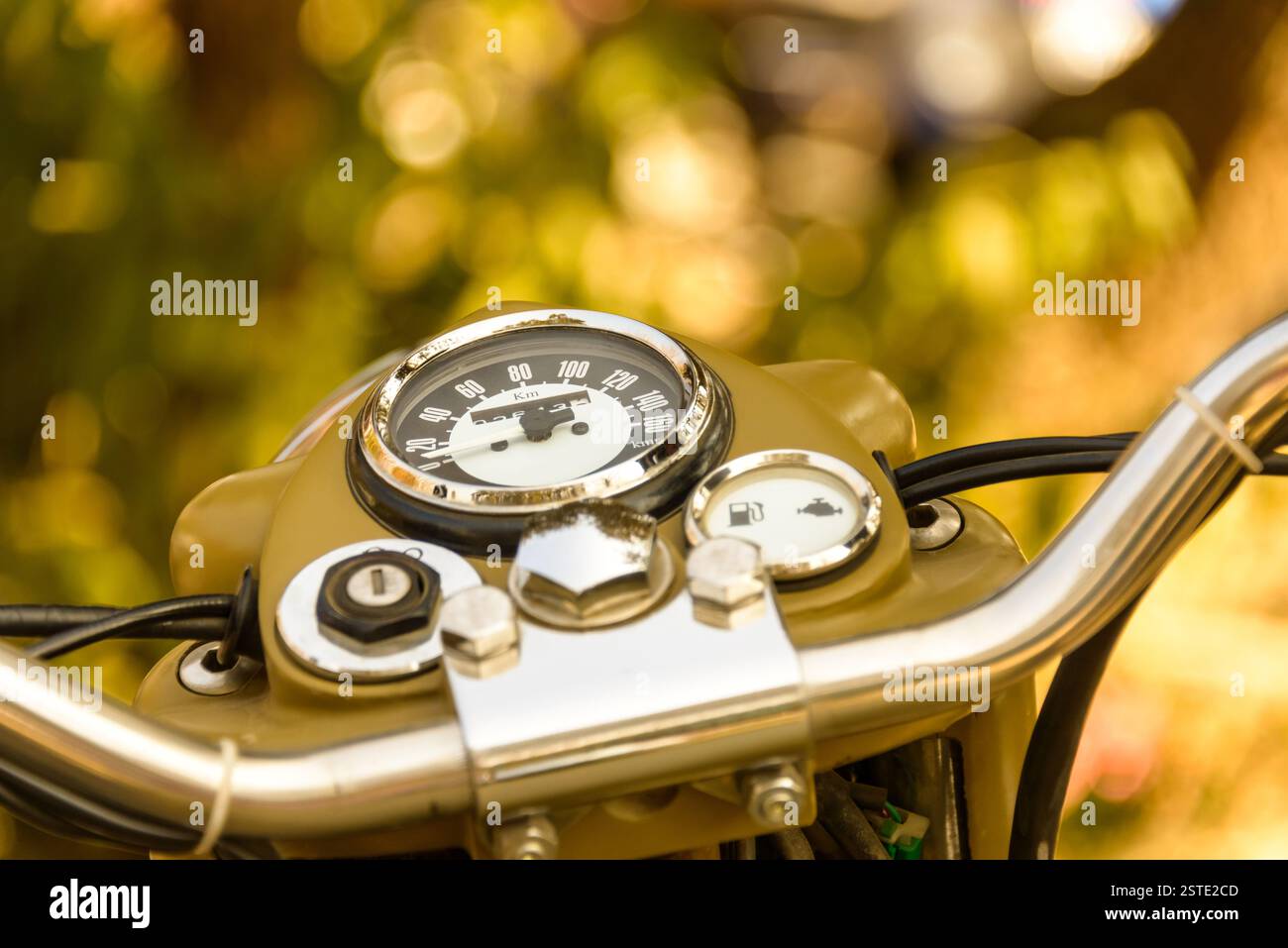 Vintage khaki motorcycle dashboard close up hi-res stock photography ...