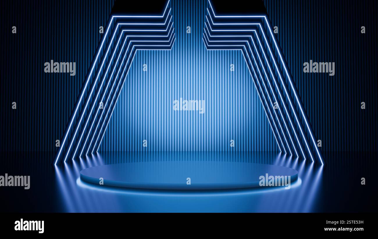 This modern stage features a striking design with blue backlighting and ...