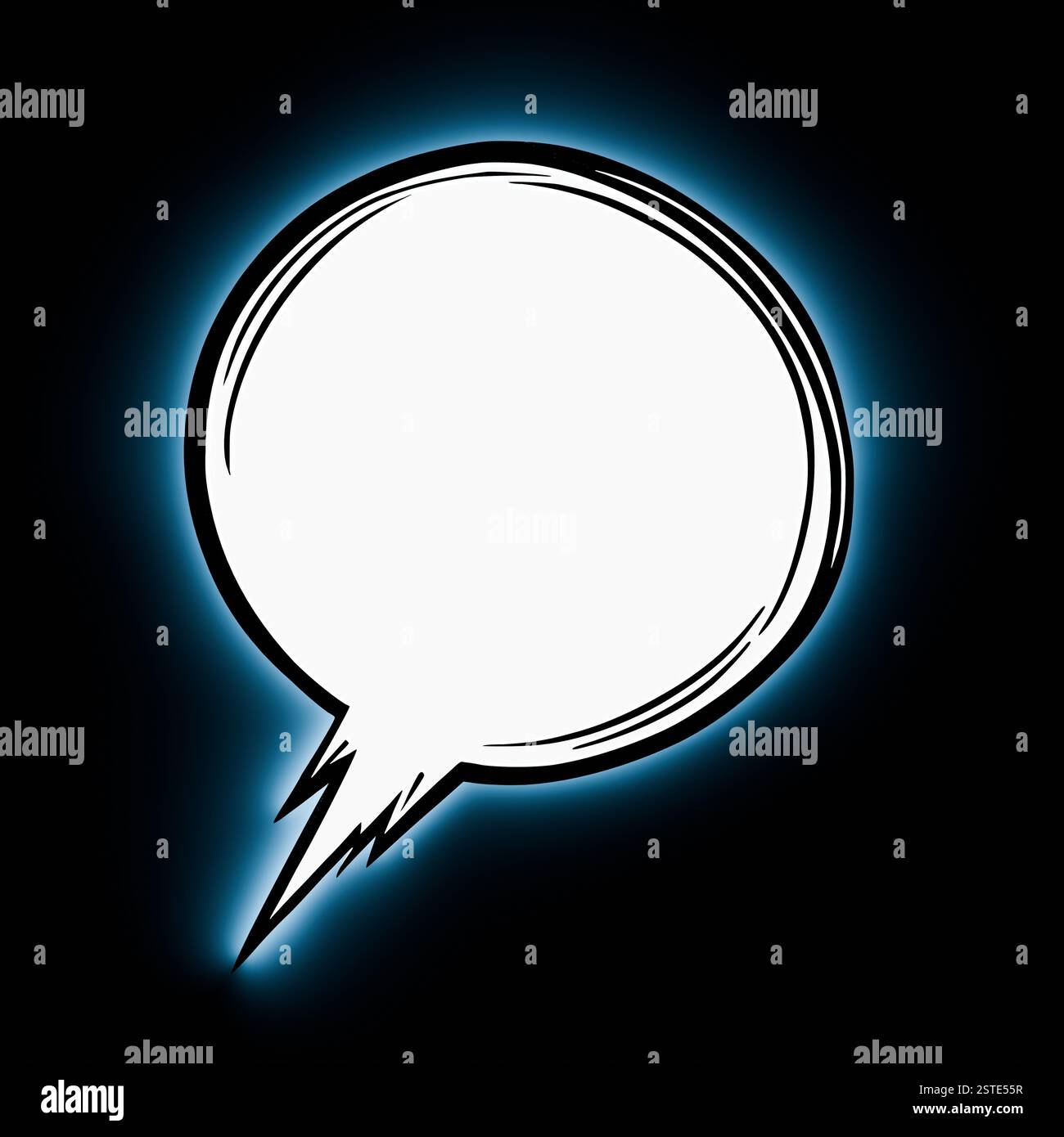 blank speech bubble with a glowing blue outline is displayed against a ...
