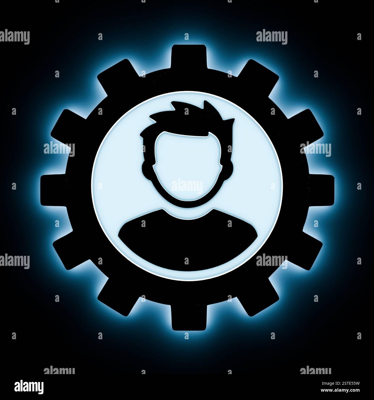 person icon is displayed inside a glowing gear symbol, illustrating the ...