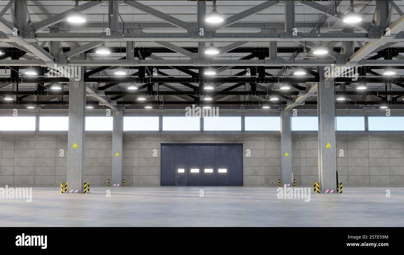 Spacious industrial warehouse featuring bright overhead lights, large ...