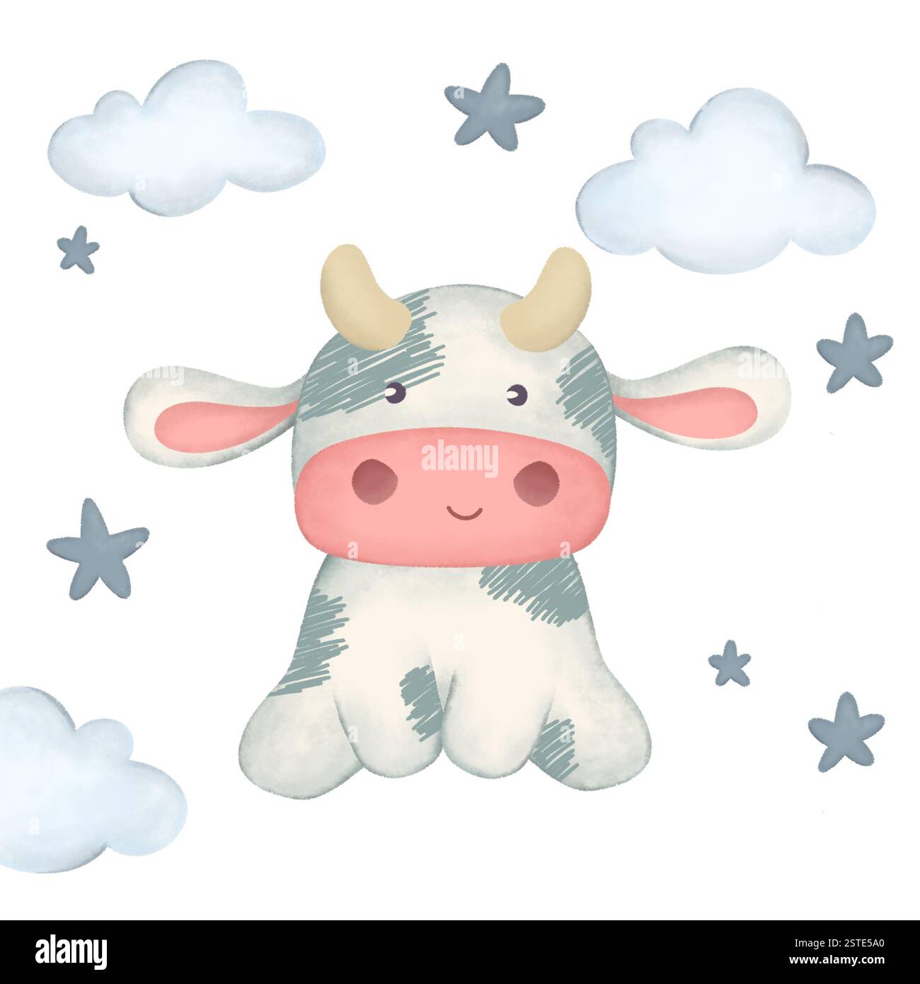 Cute baby cow cartoon sitting among clouds and stars illustration Stock ...
