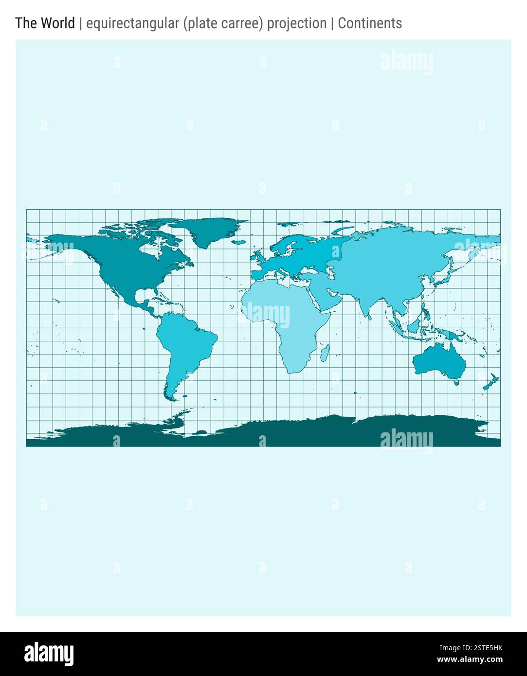 World Map Equirectangular Plate Carree Projection Continents Style