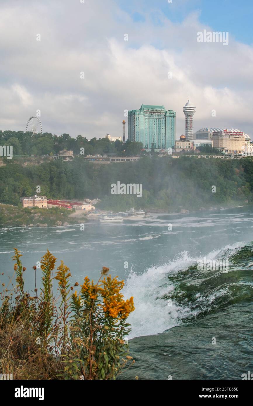 Scenic view of Niagara Falls with lush greenery in the foreground and ...
