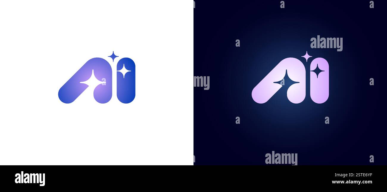 Futuristic gradient colors AI monogram logo and abstract magic stars ...
