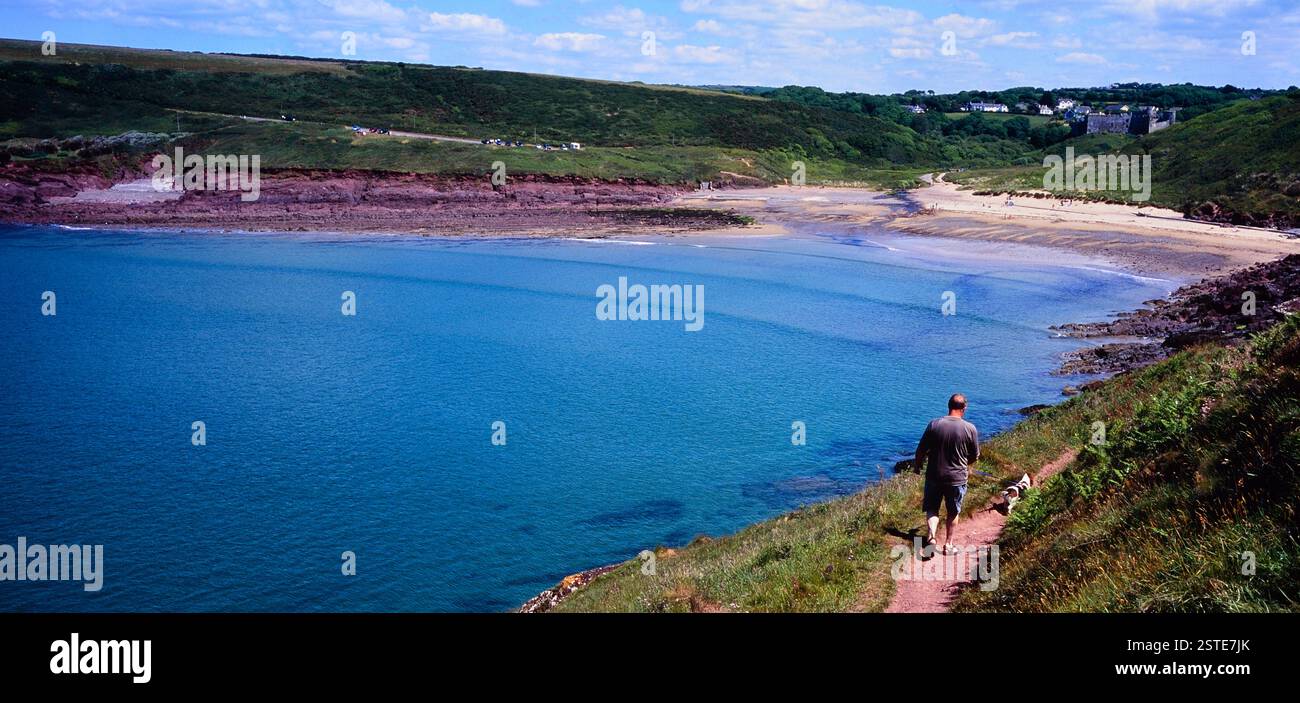 Dog walker along the Pembrokeshire Coastal Path at Manorbier Bay and ...