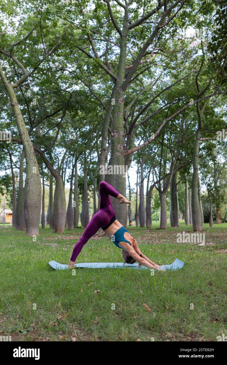 Side view of female in activewear standing in side plank star pose on ...
