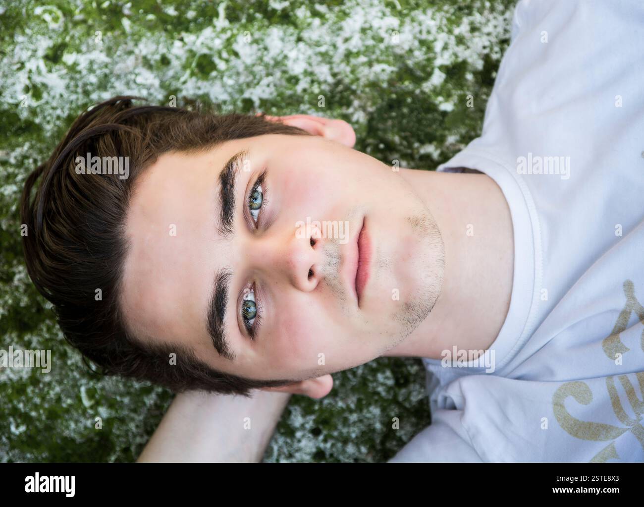 Headshot of attractive young man resting on rocks Stock Photo - Alamy